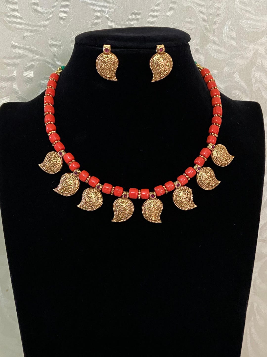 Antique Mango Pendants Coral Necklace With Earrings | Indian Beads ...