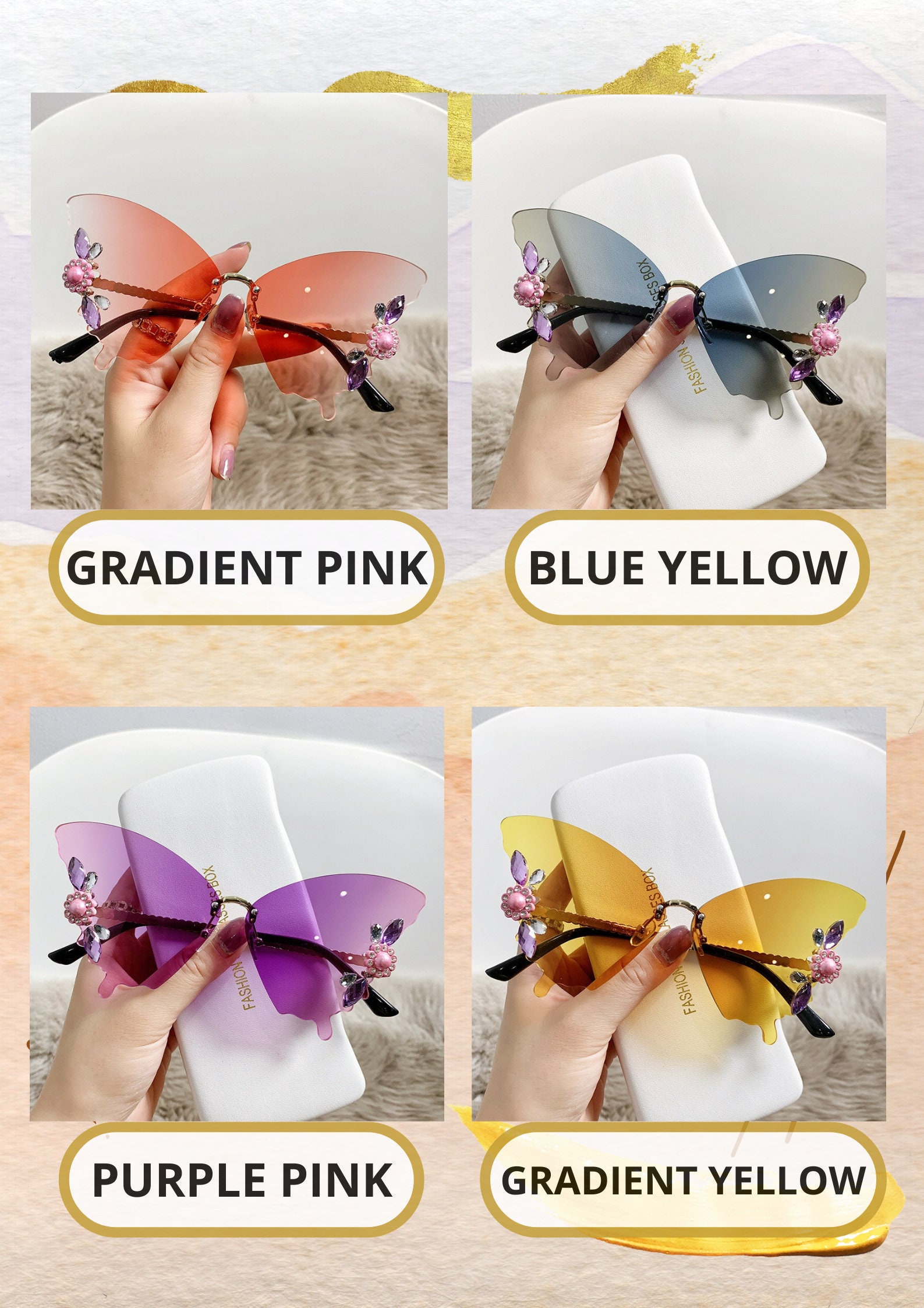 Crystal Butterfly Frameless Eyewear, Vintage Rimless Shades With Pearl ...