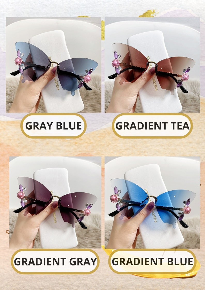 Crystal Butterfly Frameless Eyewear, Vintage Rimless Shades With Pearl ...