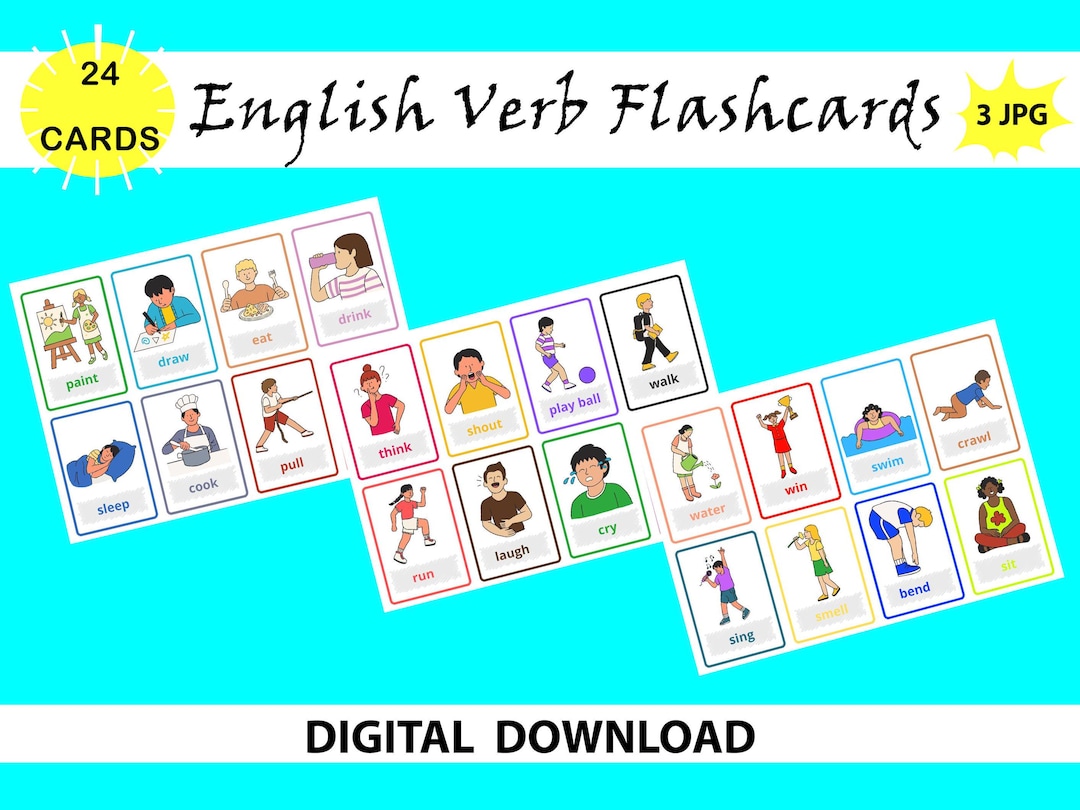 Action Verb Flashcards – Fun Learning for Kids - English Verb Flash ...