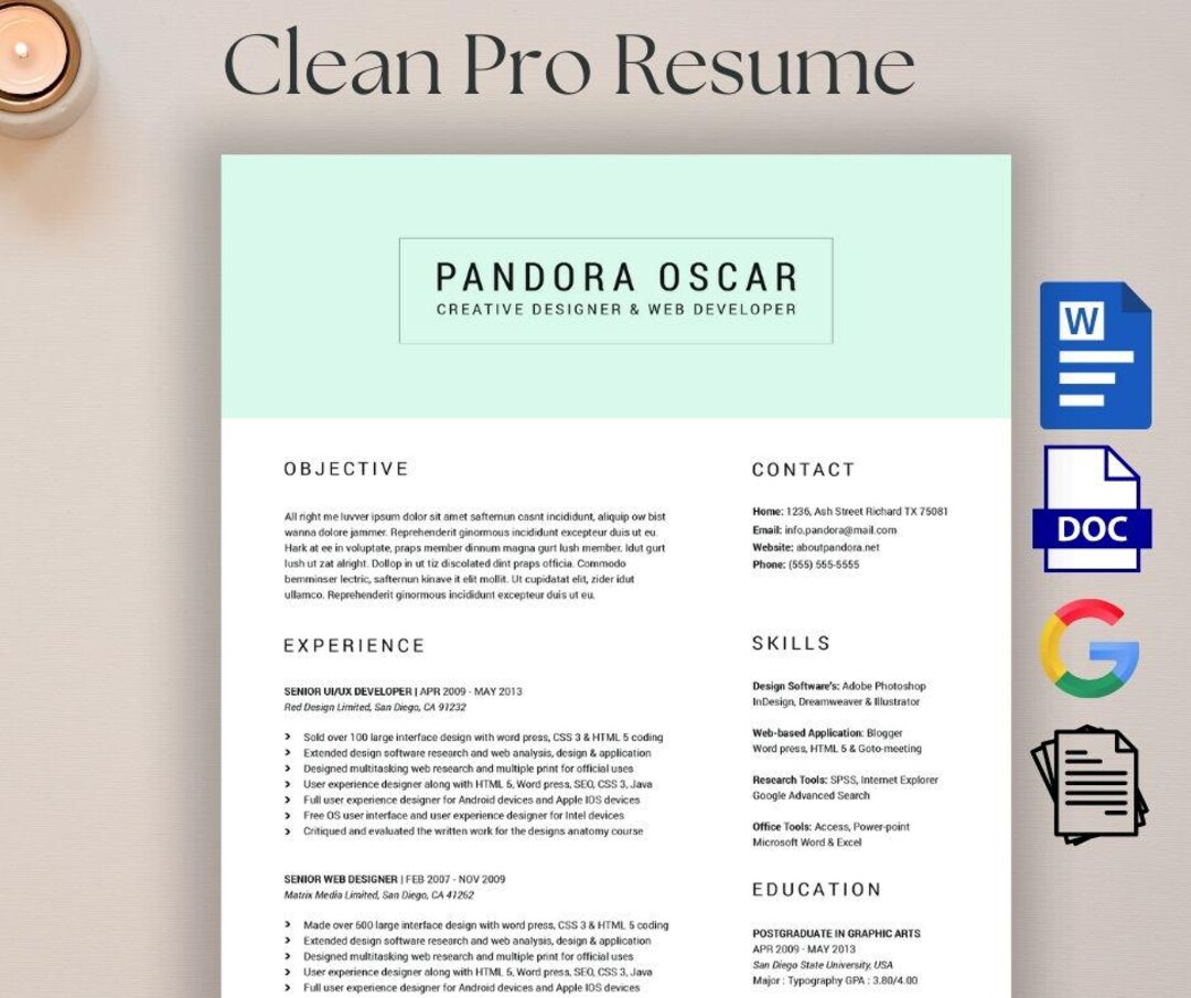 Clean Resume Template, Professional Modern Resume Template Word, Mac ...