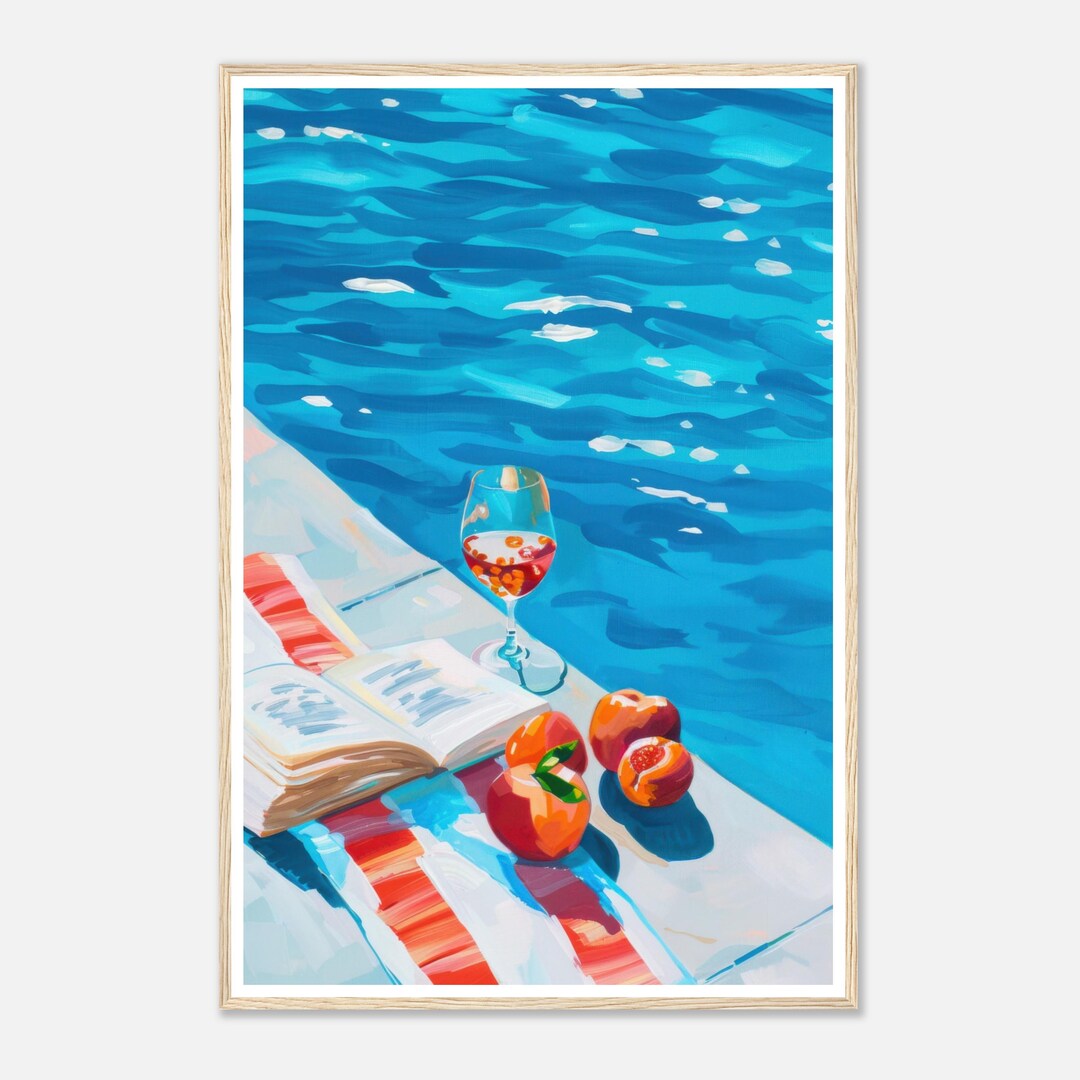 Poolside Book Peaches Summer Watercolor Painting Print Relaxing Scene ...