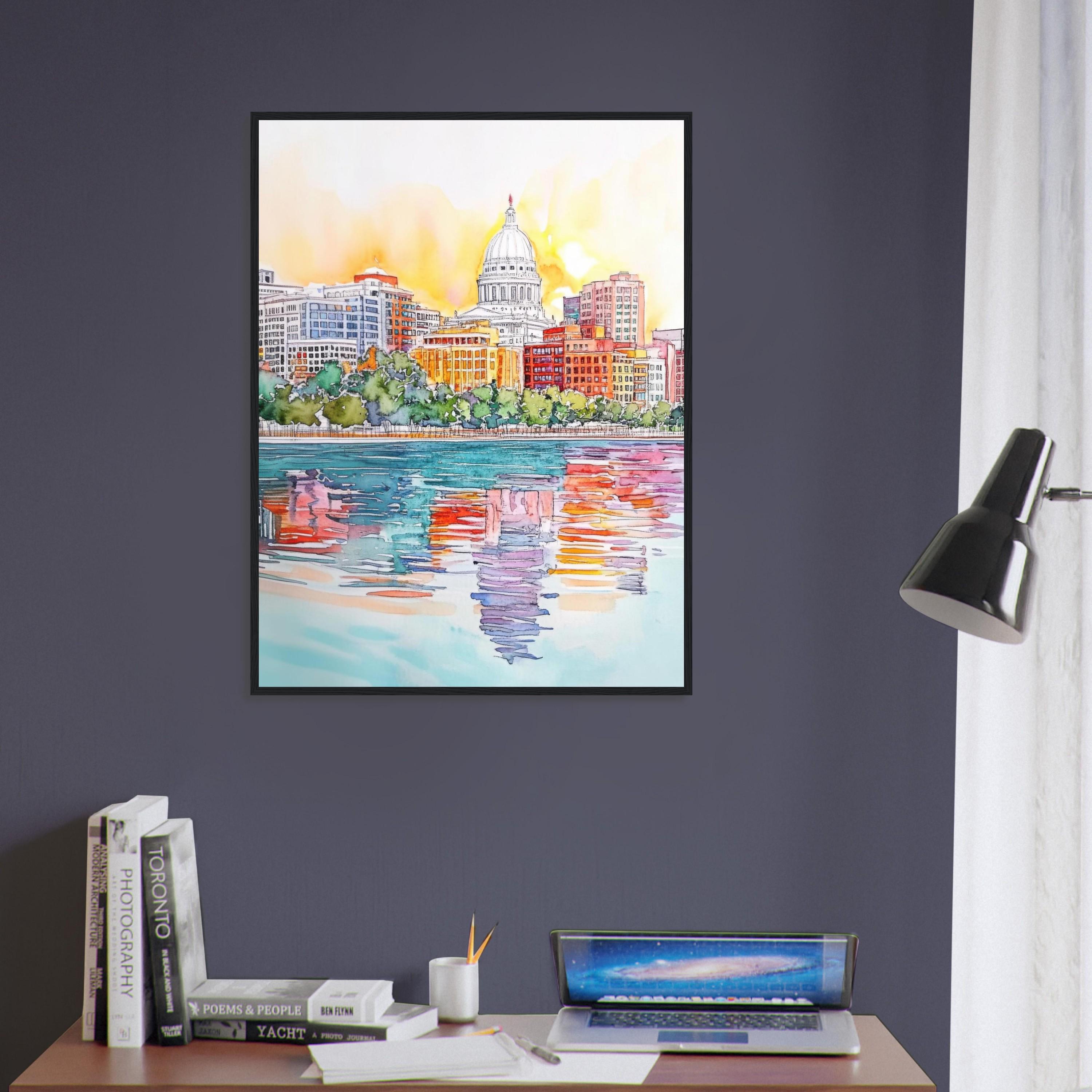 Madison Wisconsin Skyline Watercolor Print: Capitol Sunset Cityscape ...