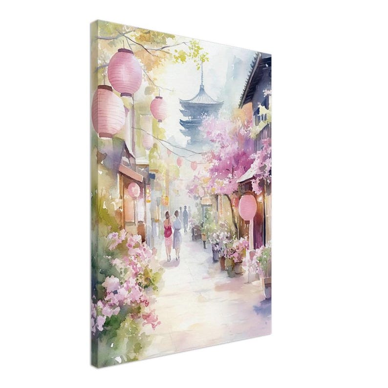 Tokyo Cherry Blossom Street Watercolor Print – Japanese Lanterns Wall ...