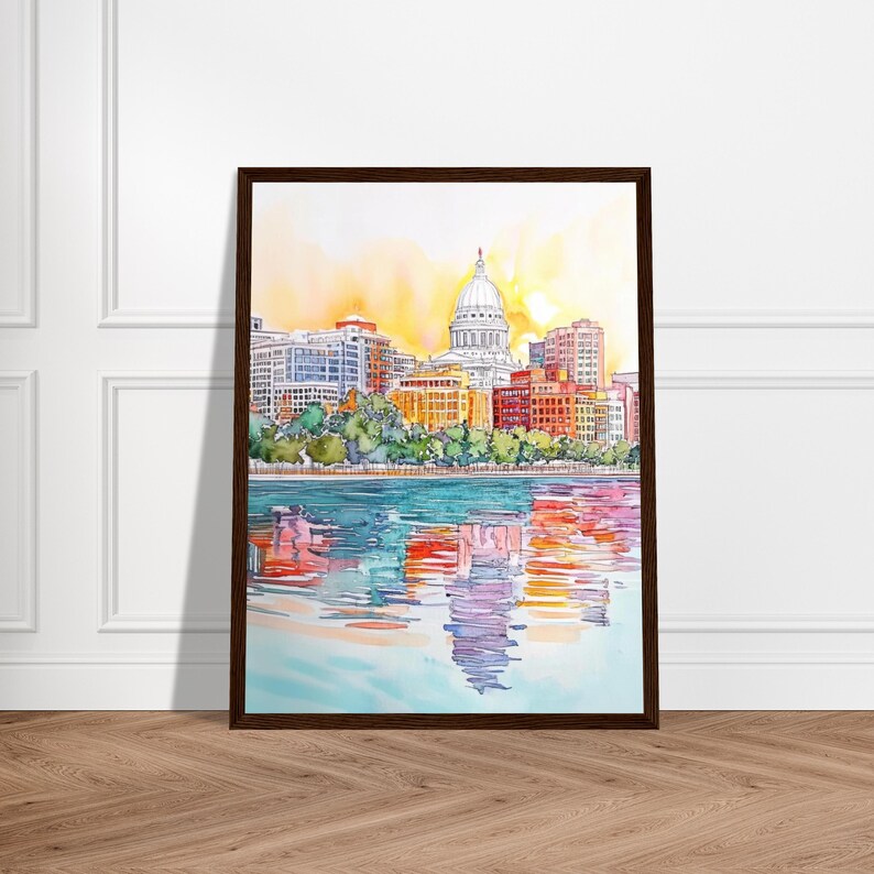 Madison Wisconsin Skyline Watercolor Print: Capitol Sunset Cityscape ...