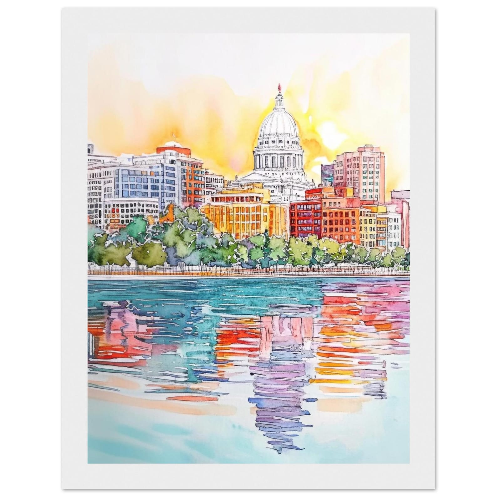 Madison Wisconsin Skyline Watercolor Print: Capitol Sunset Cityscape ...