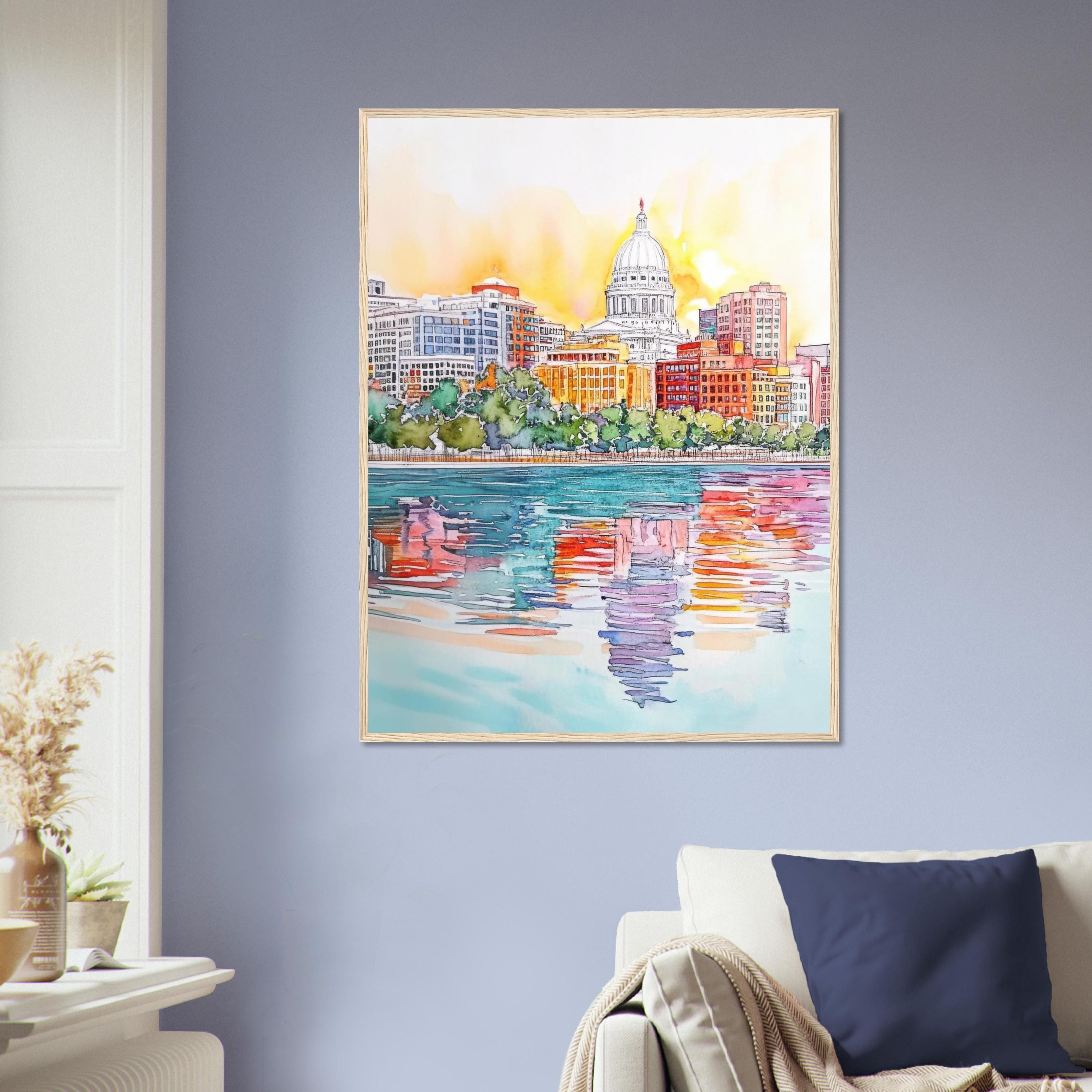 Madison Wisconsin Skyline Watercolor Print: Capitol Sunset Cityscape ...