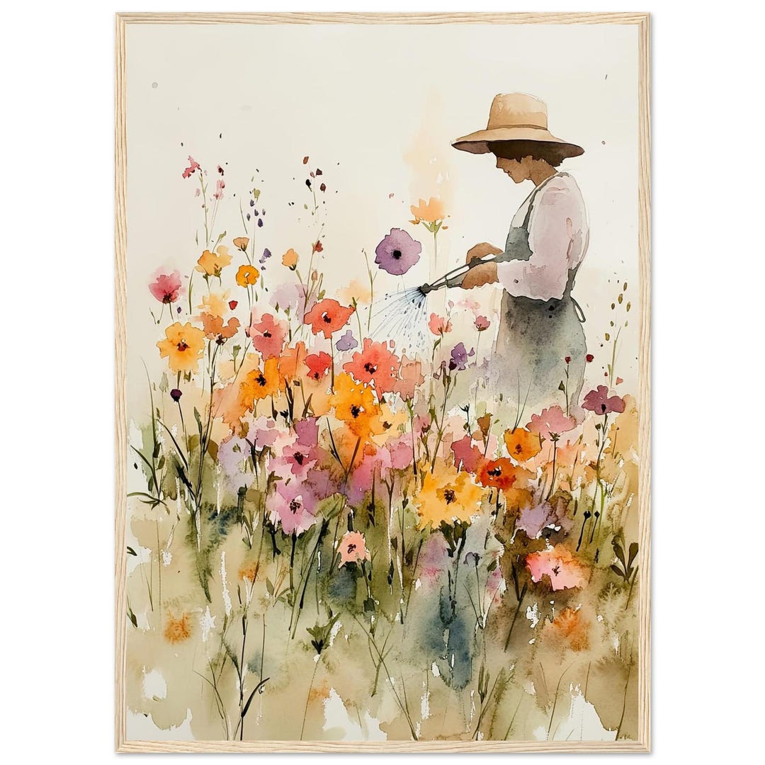 Garden Watercolor Painting Art Print Gardener Watering Flowers Wall Art ...