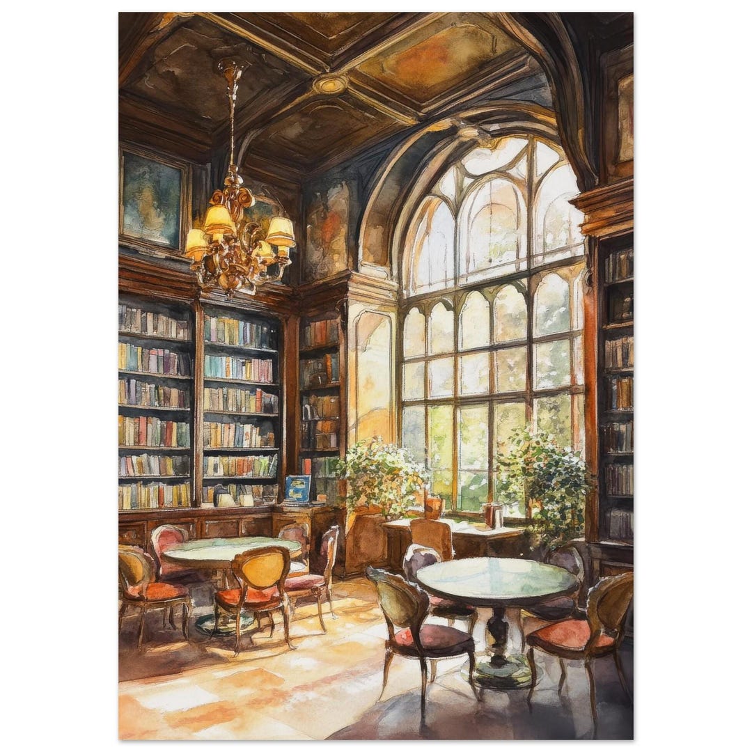 Classic Library Interior Watercolor Print: Elegant Reading Room Wall ...
