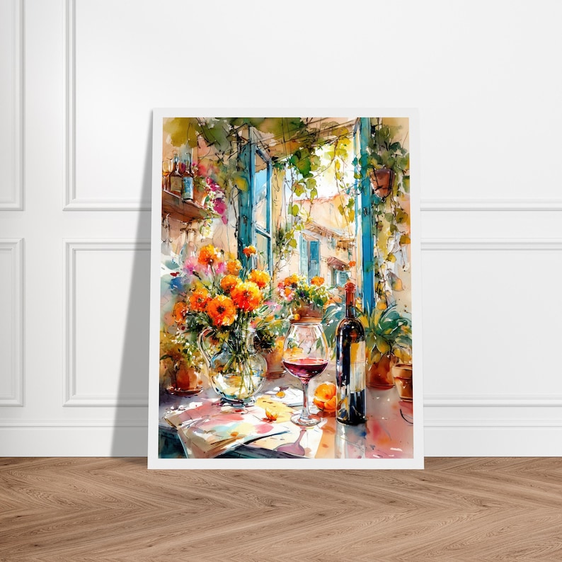 Floral Wine Summer Window Watercolor Painting Print: Mediterranean ...