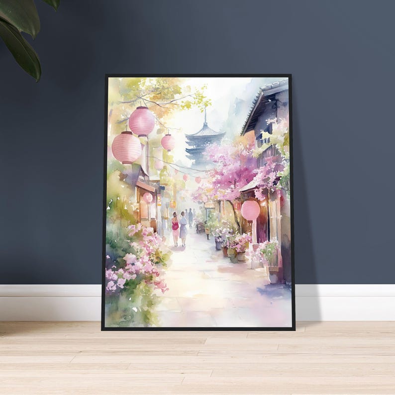 Tokyo Cherry Blossom Street Watercolor Print – Japanese Lanterns Wall ...