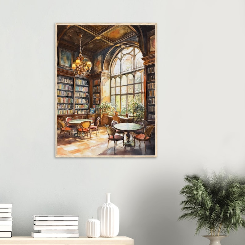 Classic Library Interior Watercolor Print: Elegant Reading Room Wall ...
