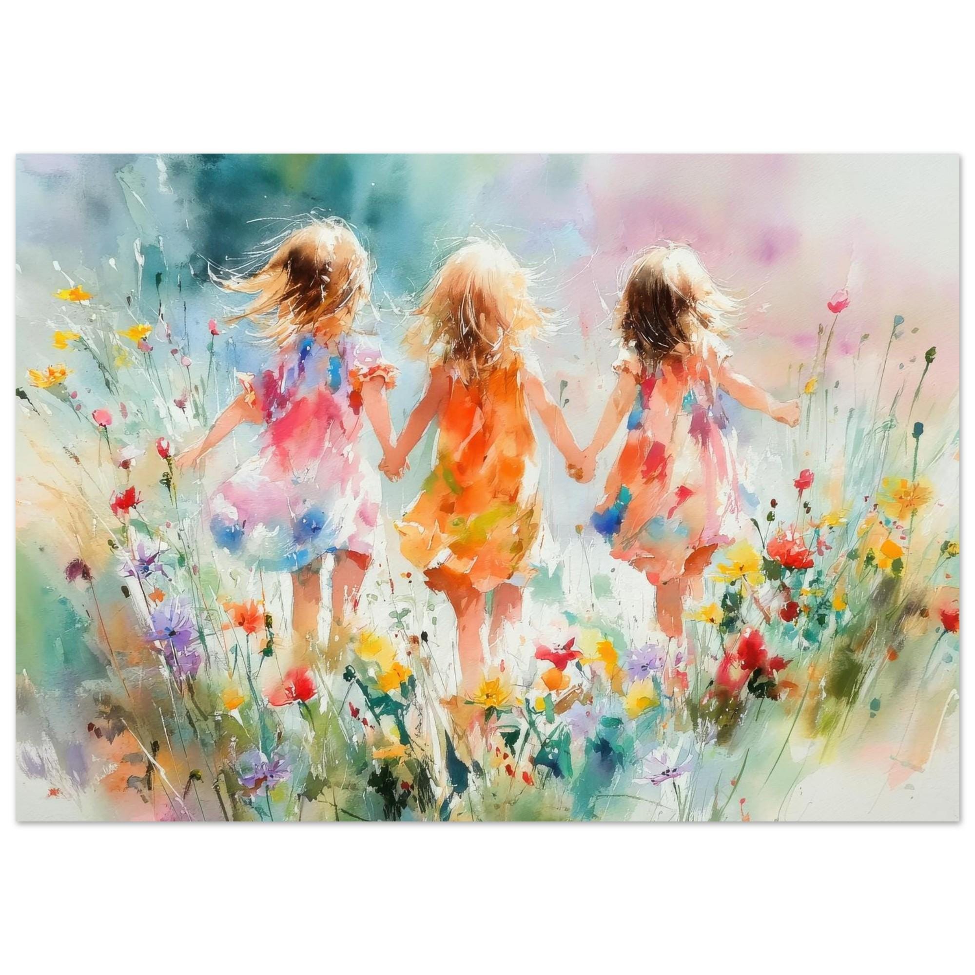 Girls in Wildflower Meadow Watercolor Painting Print: Three Sisters ...