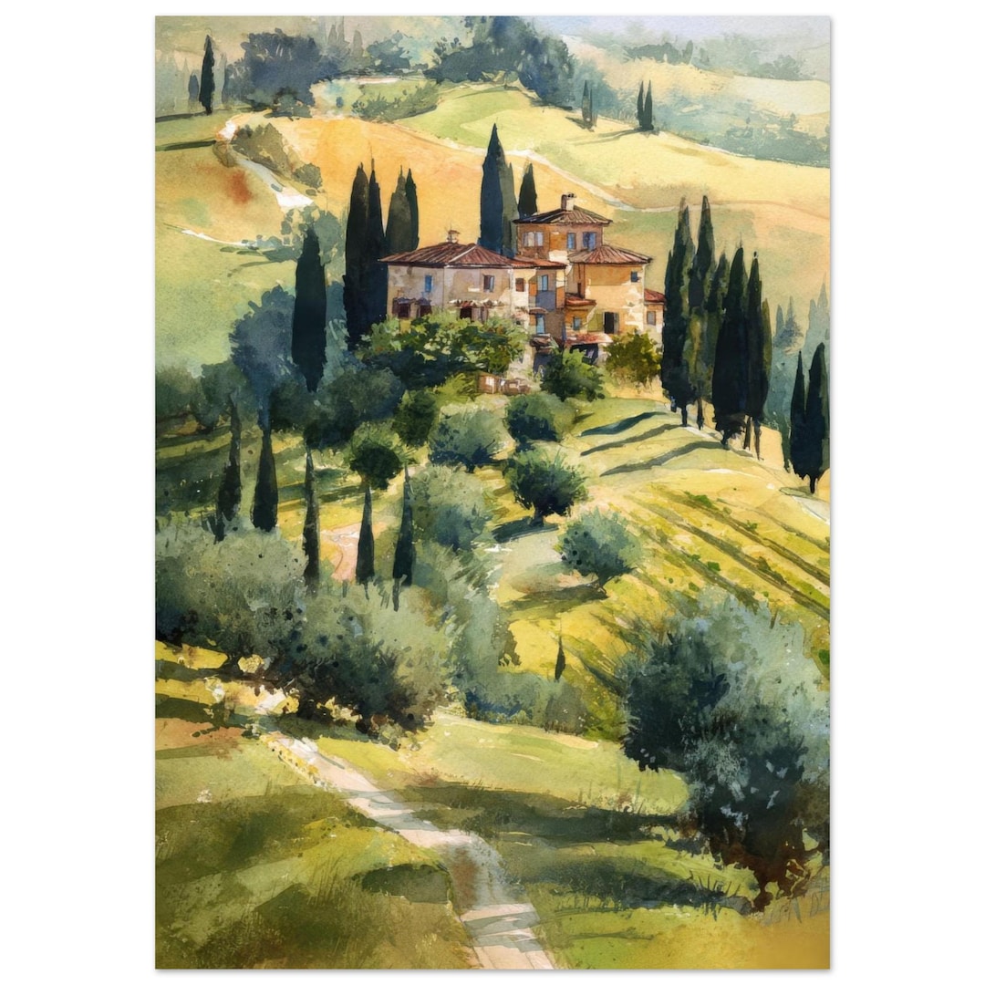 Tuscan Countryside Watercolor Print: Italy Landscape Art - Etsy
