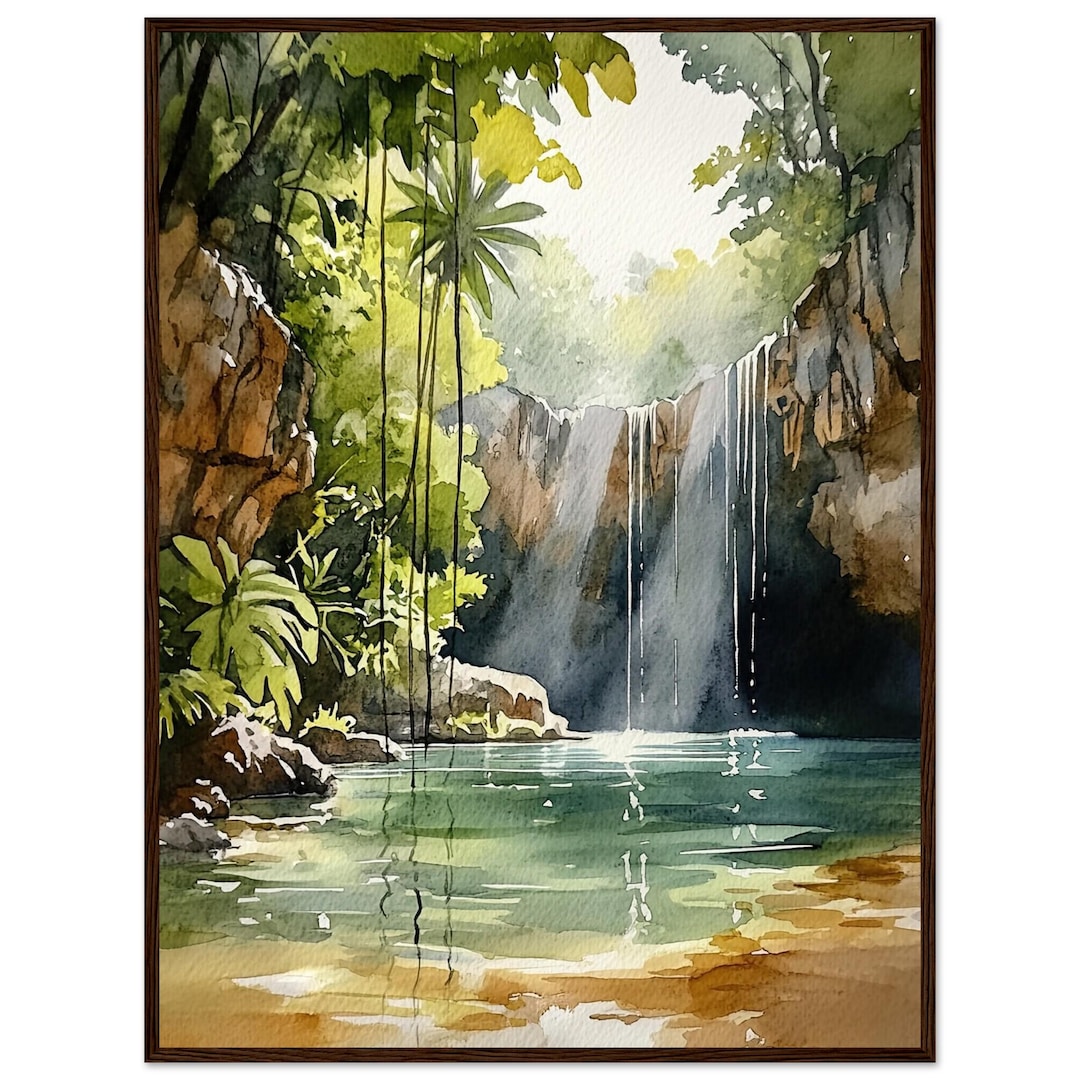 Cenote Mexico Watercolor Print: Tropical Waterfall Landscape Art - Etsy