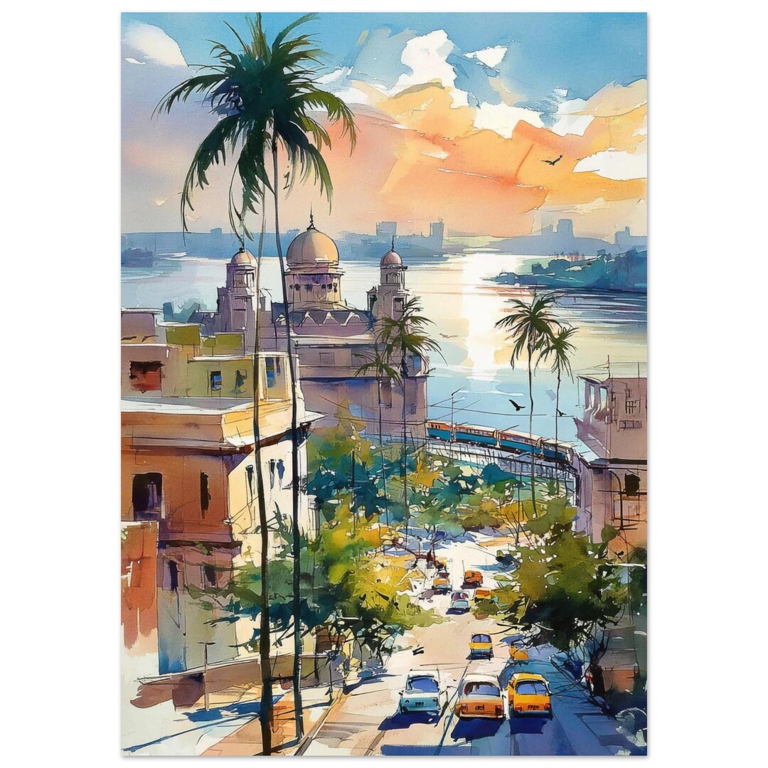 Mumbai Street Sunset Watercolor Print India Cityscape Wall Art Print ...