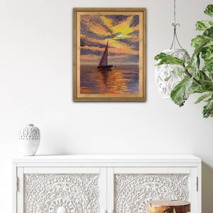 Original Sunset at the Sea Oil Painting Seascape Ocean Painting Sailing ...