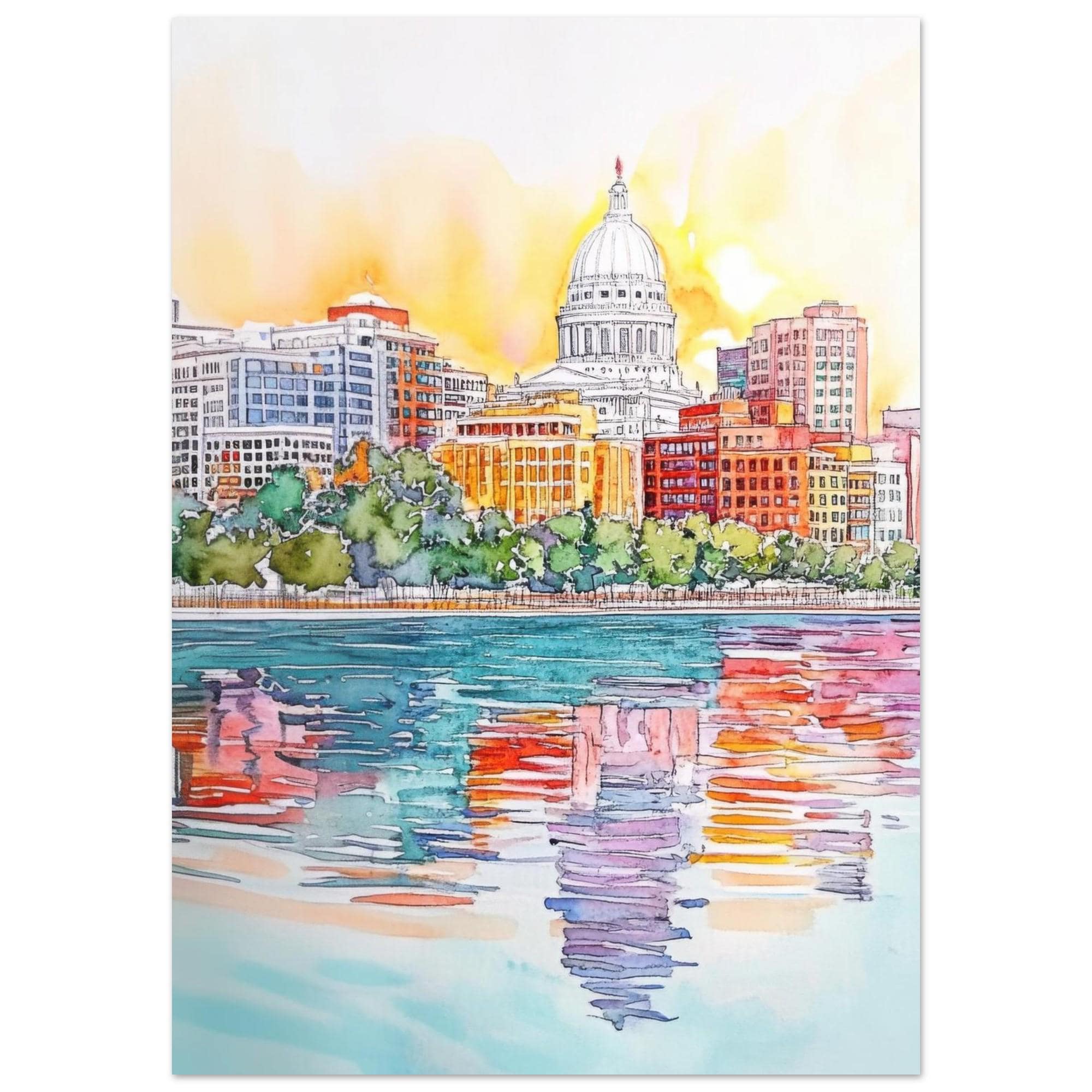 Madison Wisconsin Skyline Watercolor Print: Capitol Sunset Cityscape ...