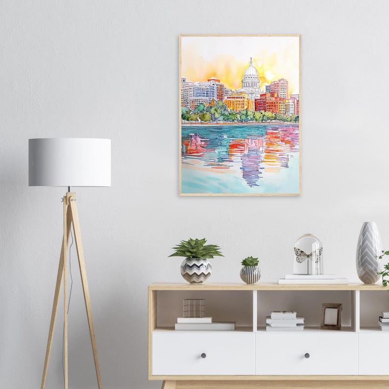 Madison Wisconsin Skyline Watercolor Print: Capitol Sunset Cityscape ...