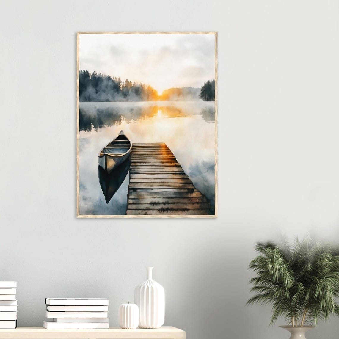 Lake Dock Watercolor Print: Peaceful Canoe at Sunrise Wall Art – Serene ...