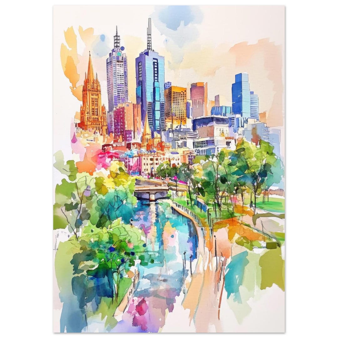 Melbourne Australia Watercolor Print: City Skyline, Yarra River Art - Etsy