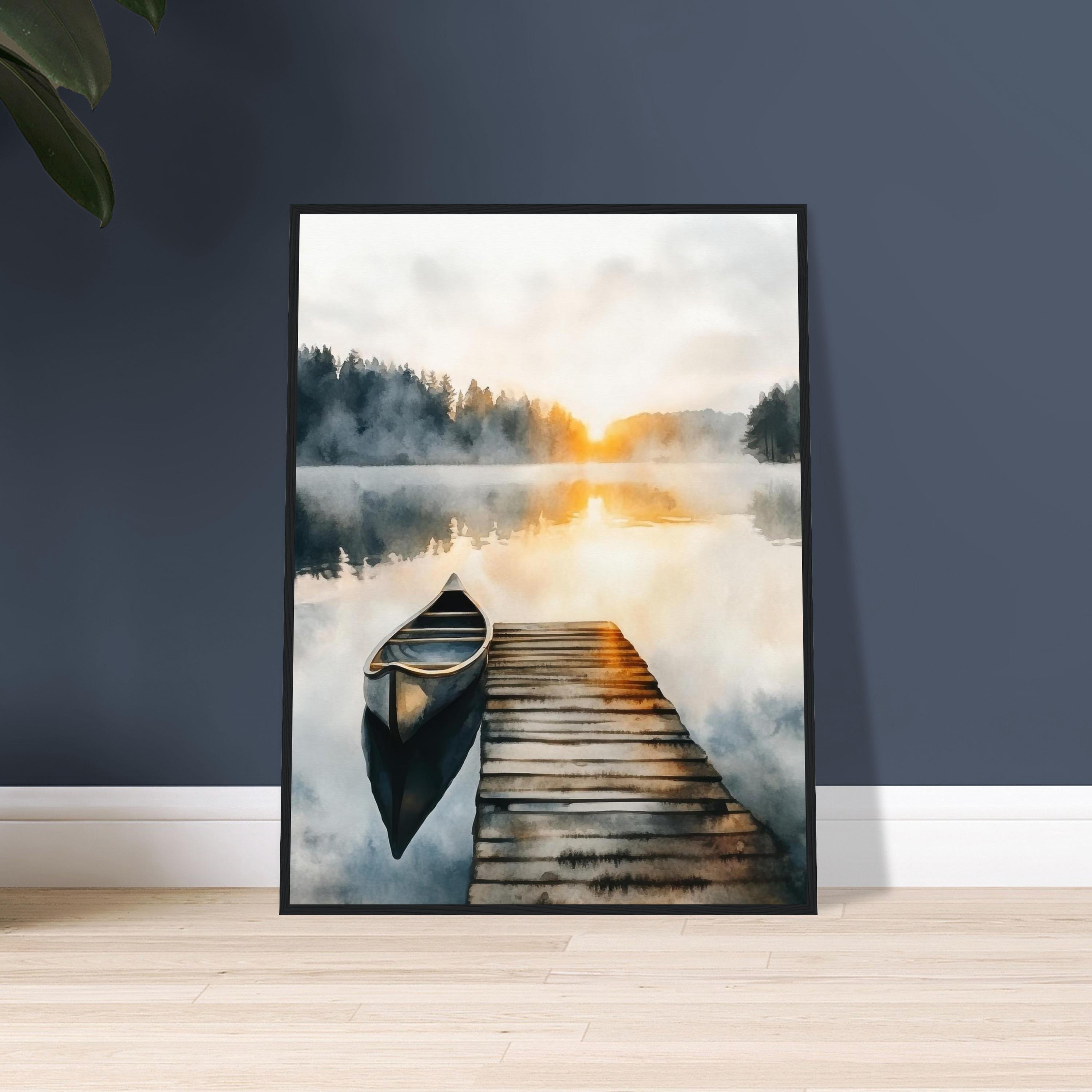 Lake Dock Watercolor Print: Peaceful Canoe at Sunrise Wall Art – Serene ...