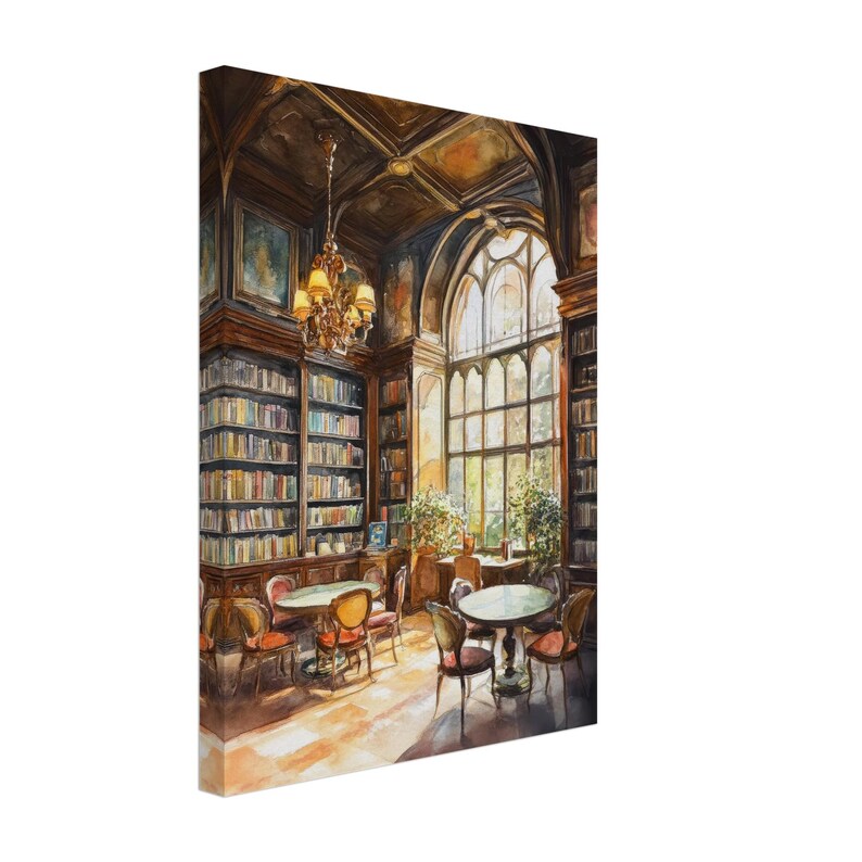 Classic Library Interior Watercolor Print: Elegant Reading Room Wall ...