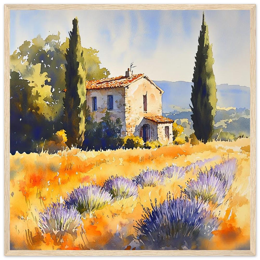 Provence Lavender Fields Watercolor Painting Rustic Stone House Wall ...