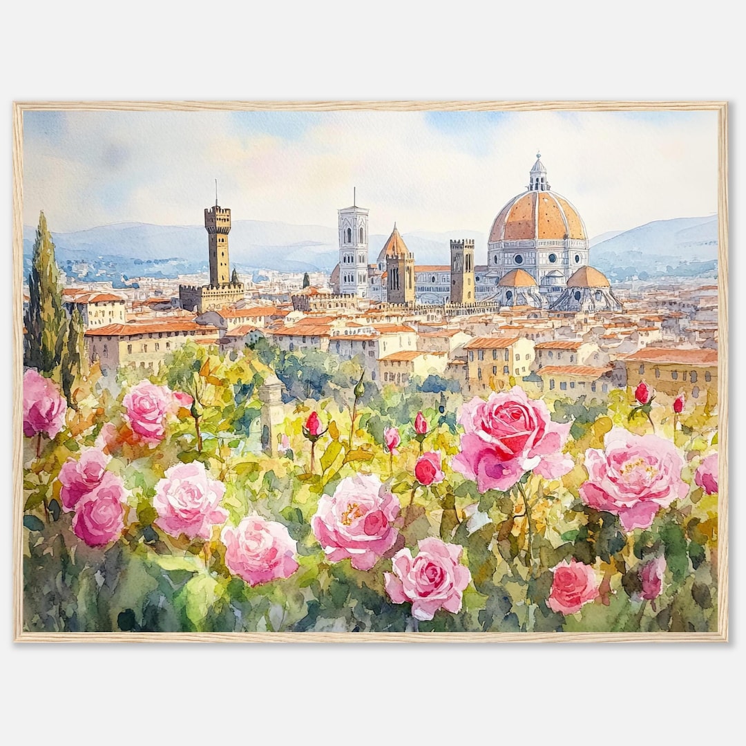 Florence Watercolor Painting Print Italy Duomo Pink Roses Wall Art ...