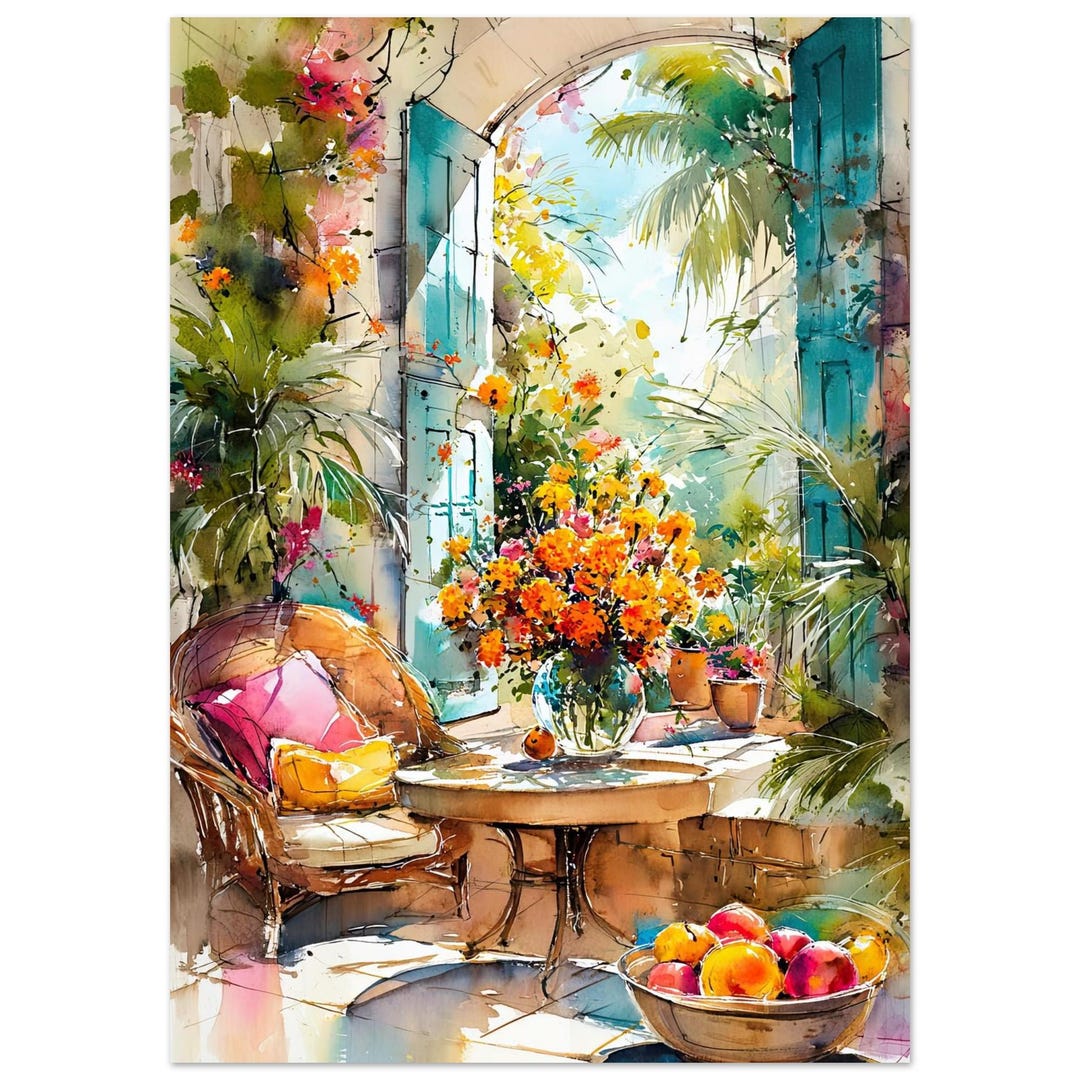 Mediterranean Veranda Watercolor Painting Print: Sunlit Floral Still ...