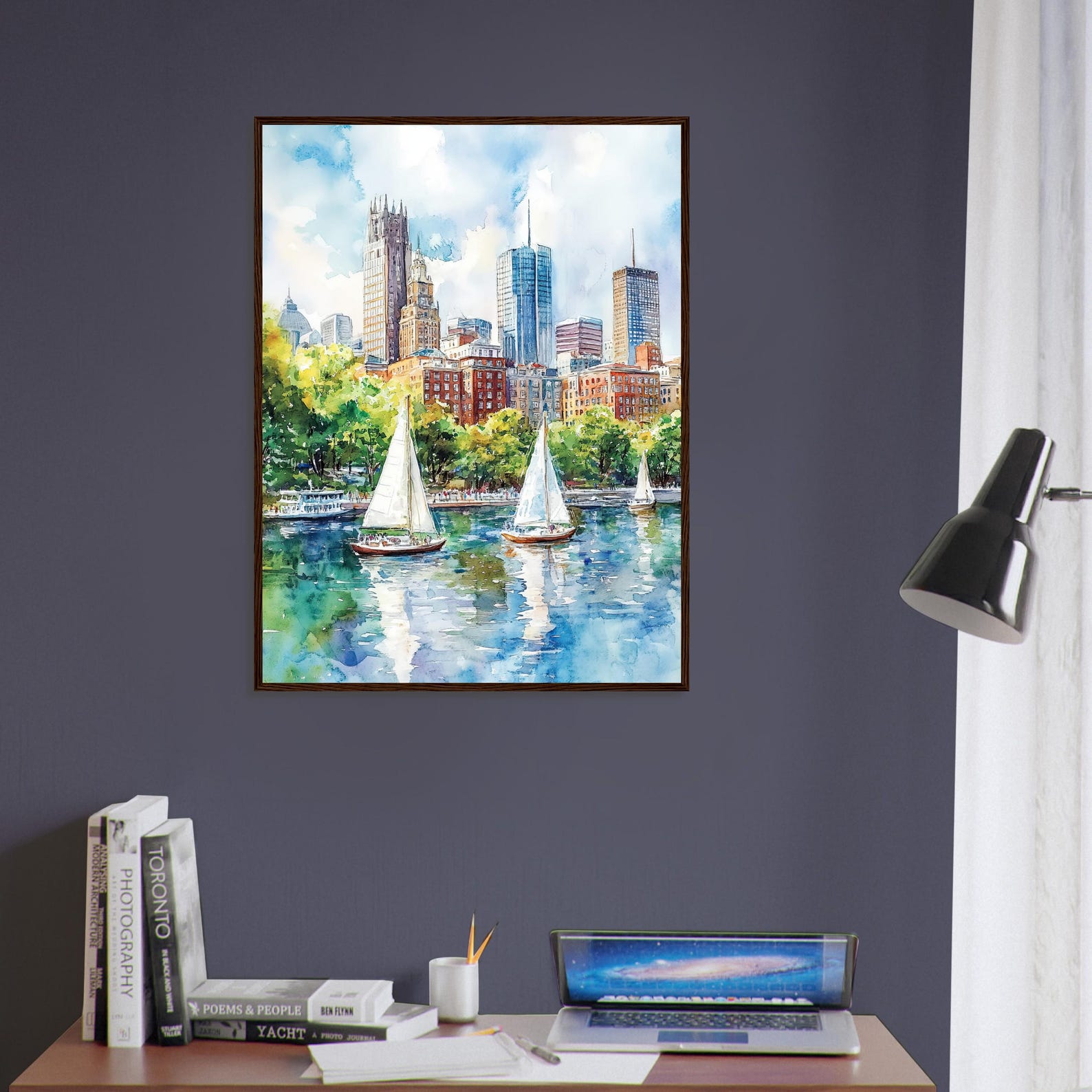 Boston Harbor Watercolor Print: Sailing Boats Painting, City Skyline ...
