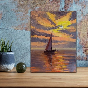 Original Sunset at the Sea Oil Painting Seascape Ocean Painting Sailing ...
