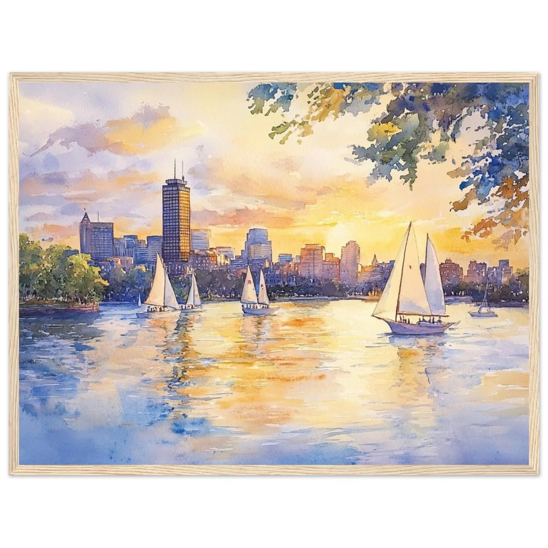 Boston Sunset Watercolor Print: Charles River Sailboats Painting ...