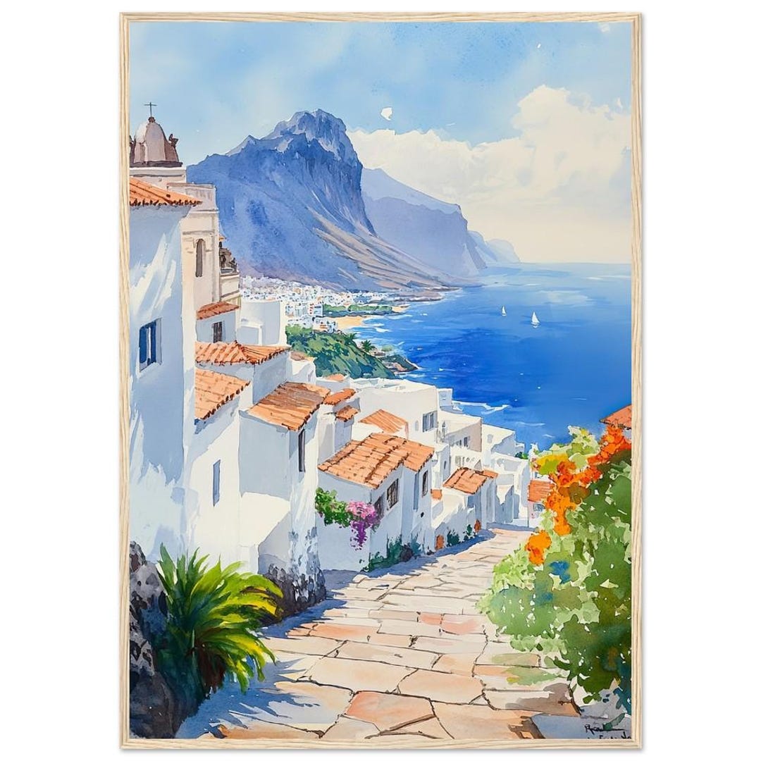 Tenerife Watercolor Painting Print Santa Cruz Volcano Sea View Wall Art ...