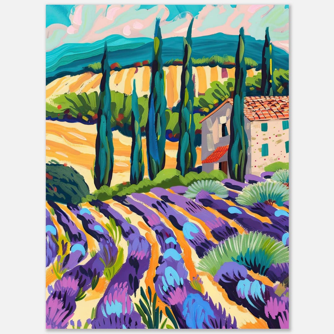 Provence Lavender Field Print: French Landscape Poster, Cypress Trees ...