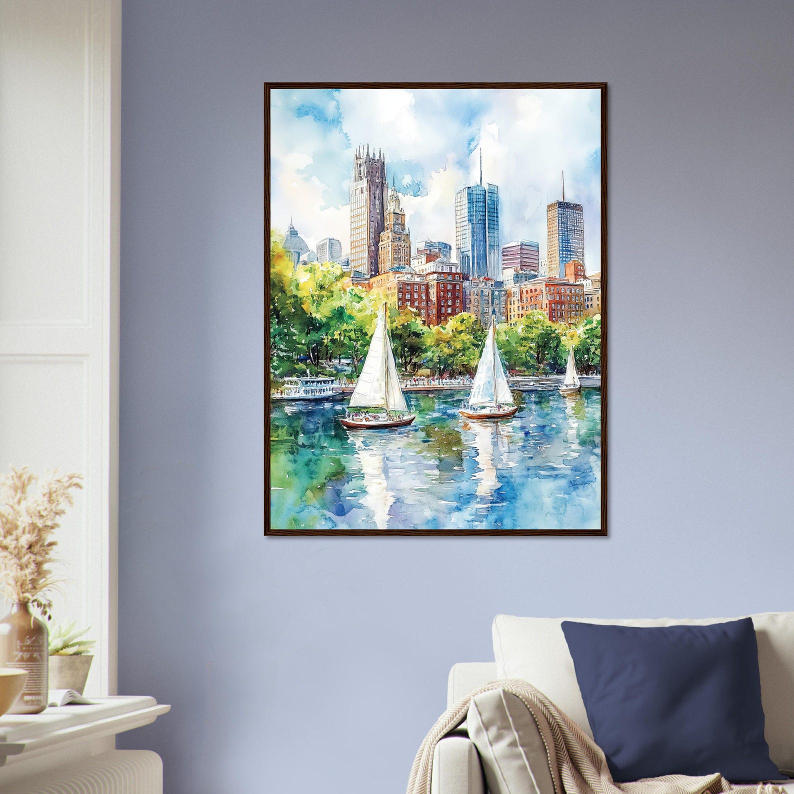 Boston Harbor Watercolor Print: Sailing Boats Painting, City Skyline ...