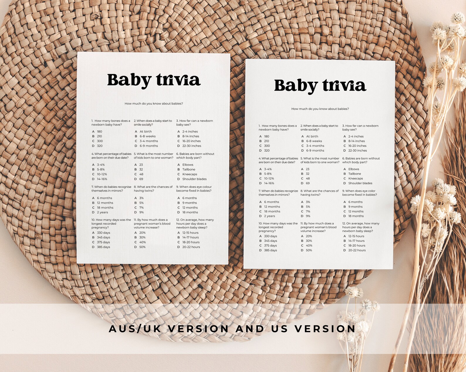 Bold Minimal Baby Trivia | Instant Printable Download | Baby Shower ...