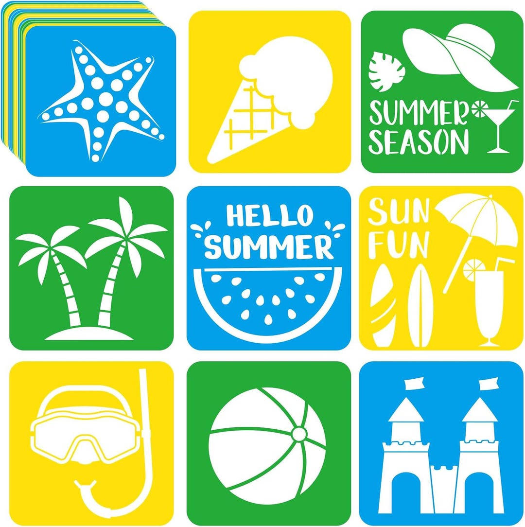 36pcs 8" Summer Beach Stencils for Kids—washable, Reusable Tropical ...