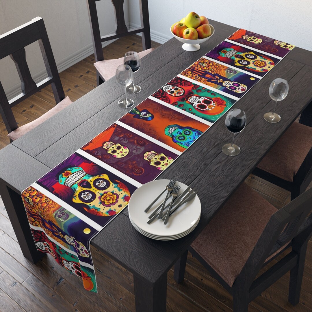 Day of the Dead Skull Table Runner (cotton, Poly). Dia De Los Muertos ...