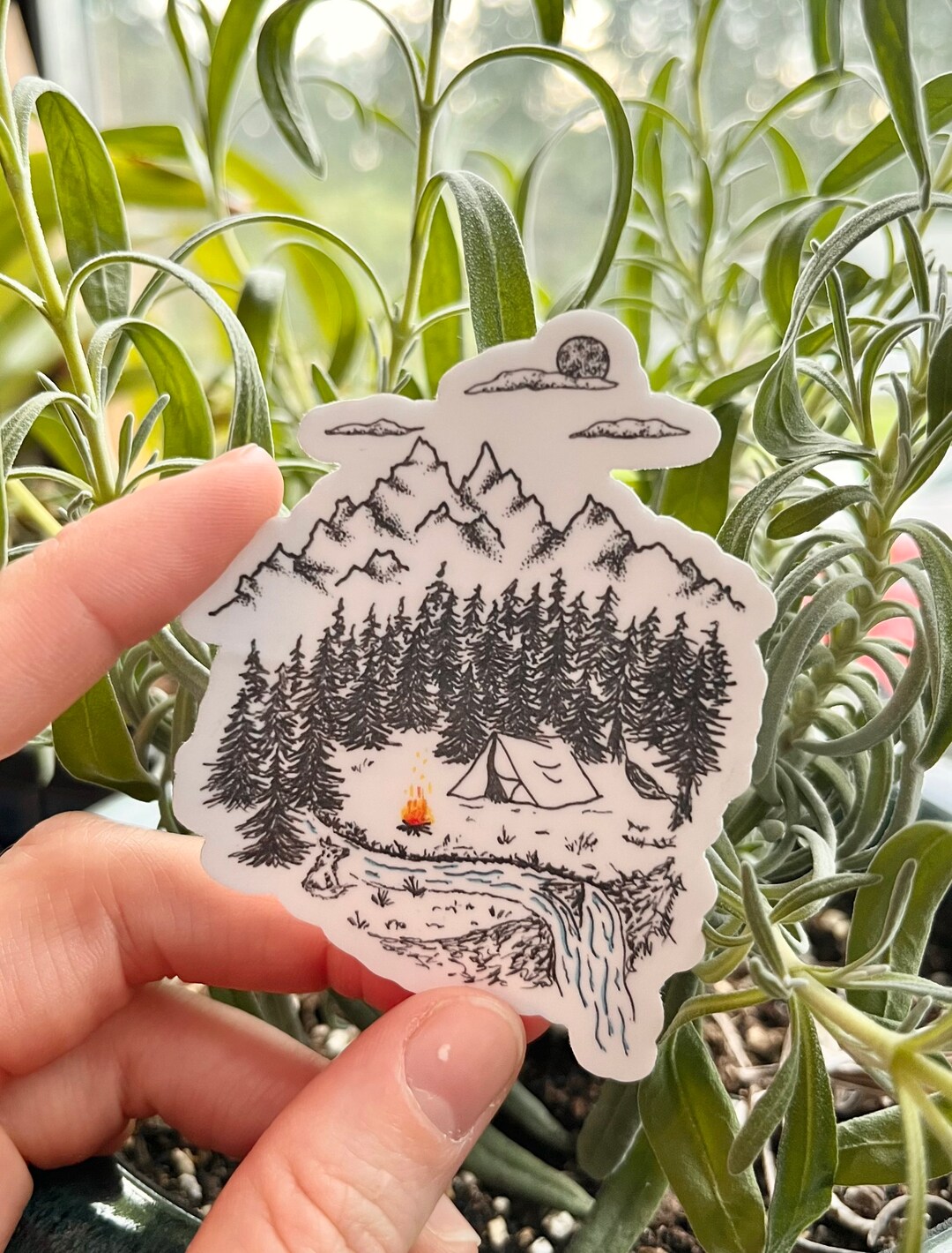 Mountain Campsite Sticker | Camping | Sticker | Mountains | Black and ...