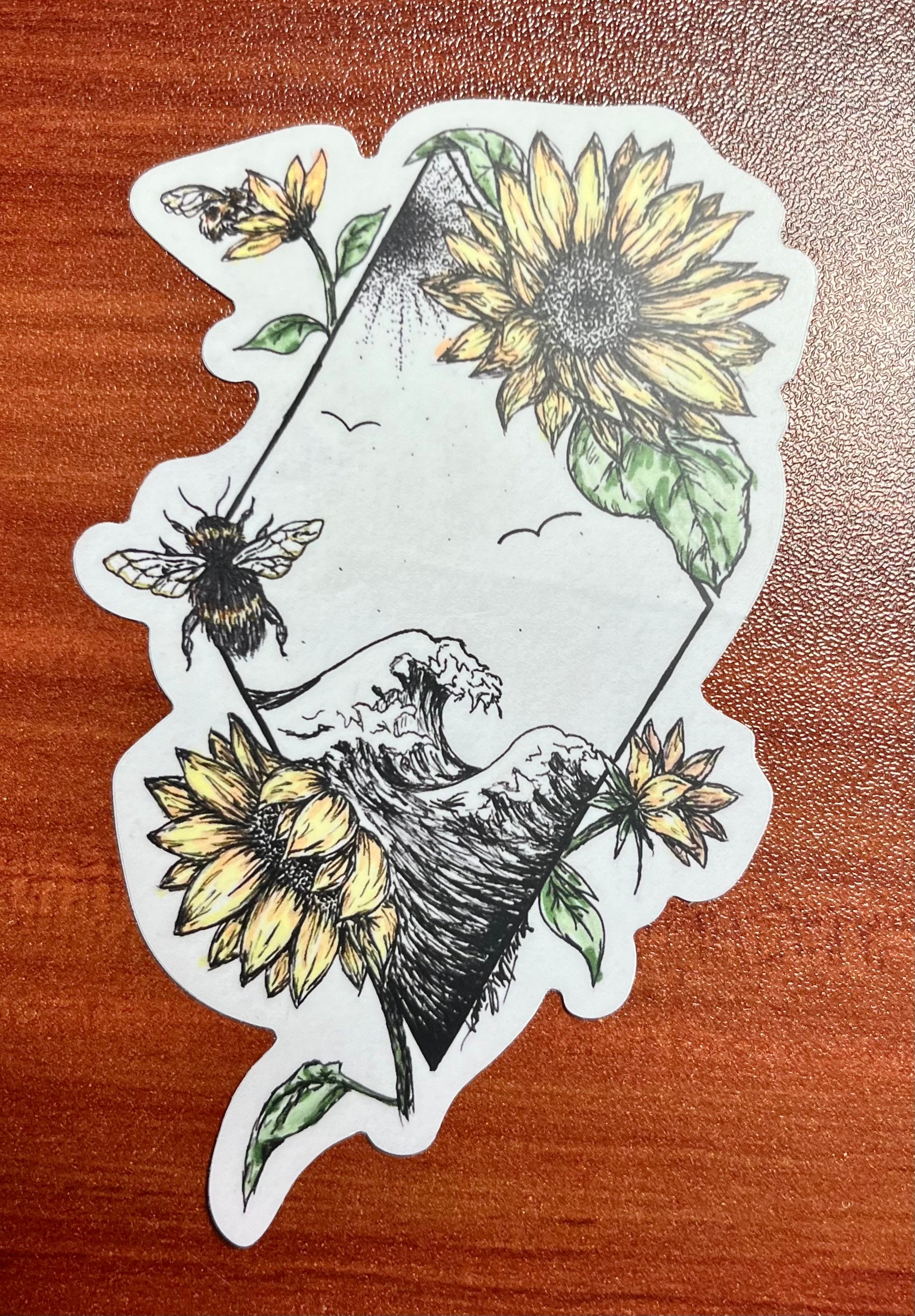 Sunflowers Bees & Waves Sticker | Vinyl Sticker | Sunflower Sticker ...