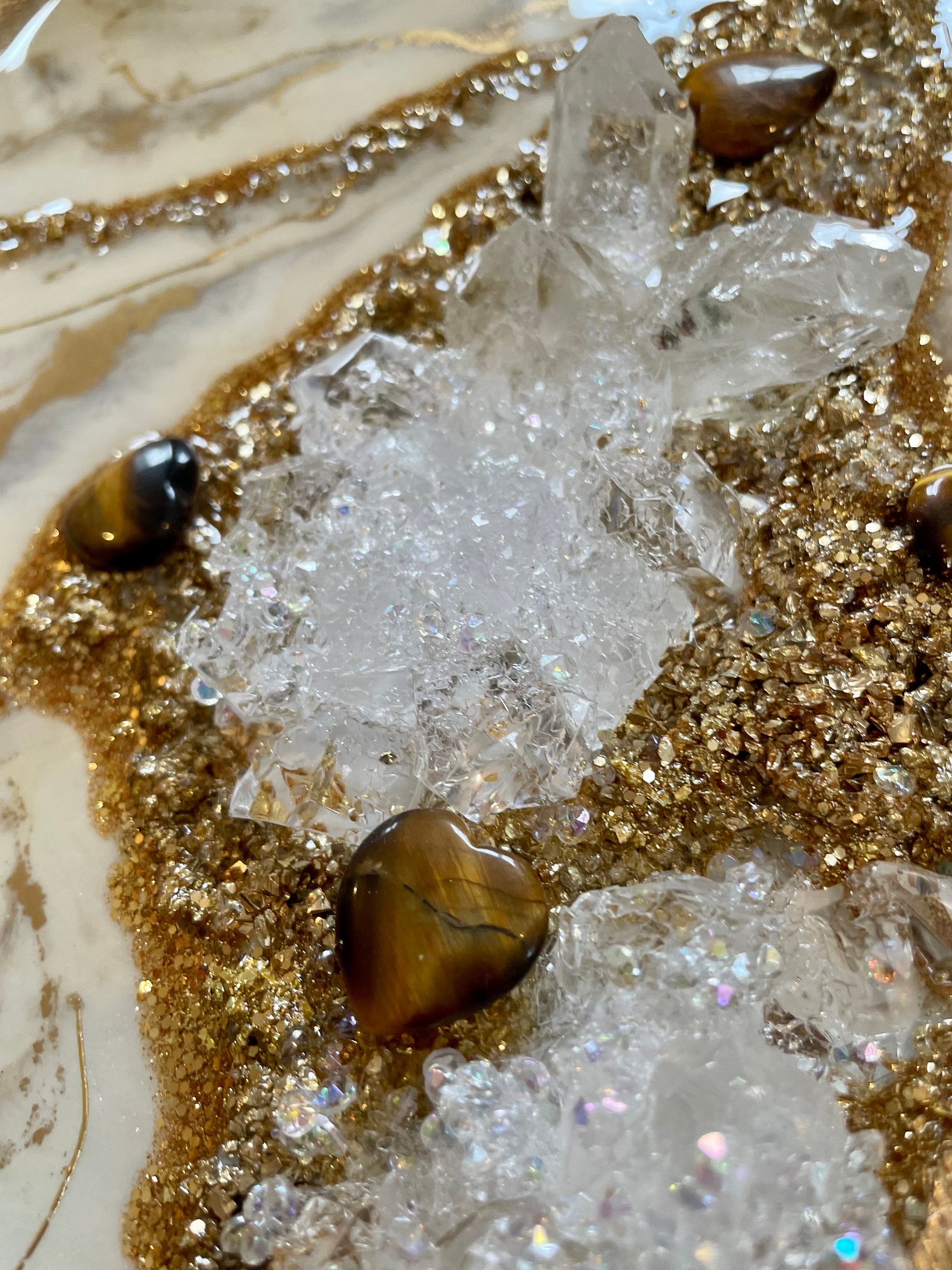Beige Marble and Gold Real Quartz Crystal Epoxy Resin Artwork, Wall Art ...