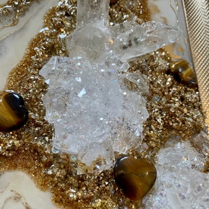 Beige Marble and Gold Real Quartz Crystal Epoxy Resin Artwork, Wall Art ...