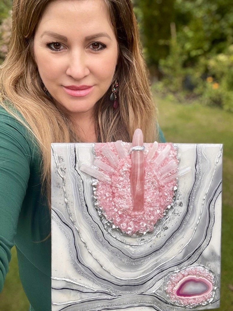 White and Pink Spirit Quartz Crystal Art, Resin Geode Art, Rose Quartz ...
