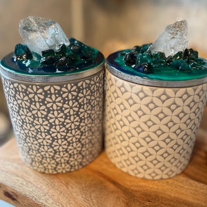 Set of 2 Grey Kitchen Canisters Blue Green Tops With Quartz Crystal ...