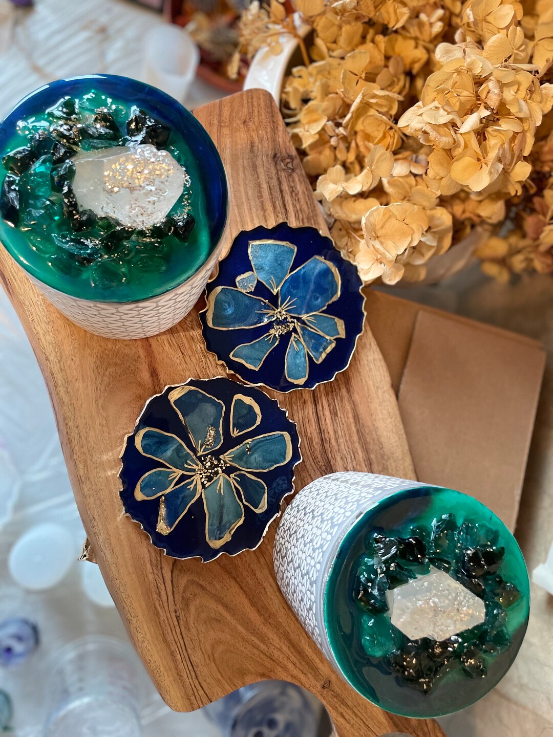 Set of 2 Grey Kitchen Canisters Blue Green Tops With Quartz Crystal ...