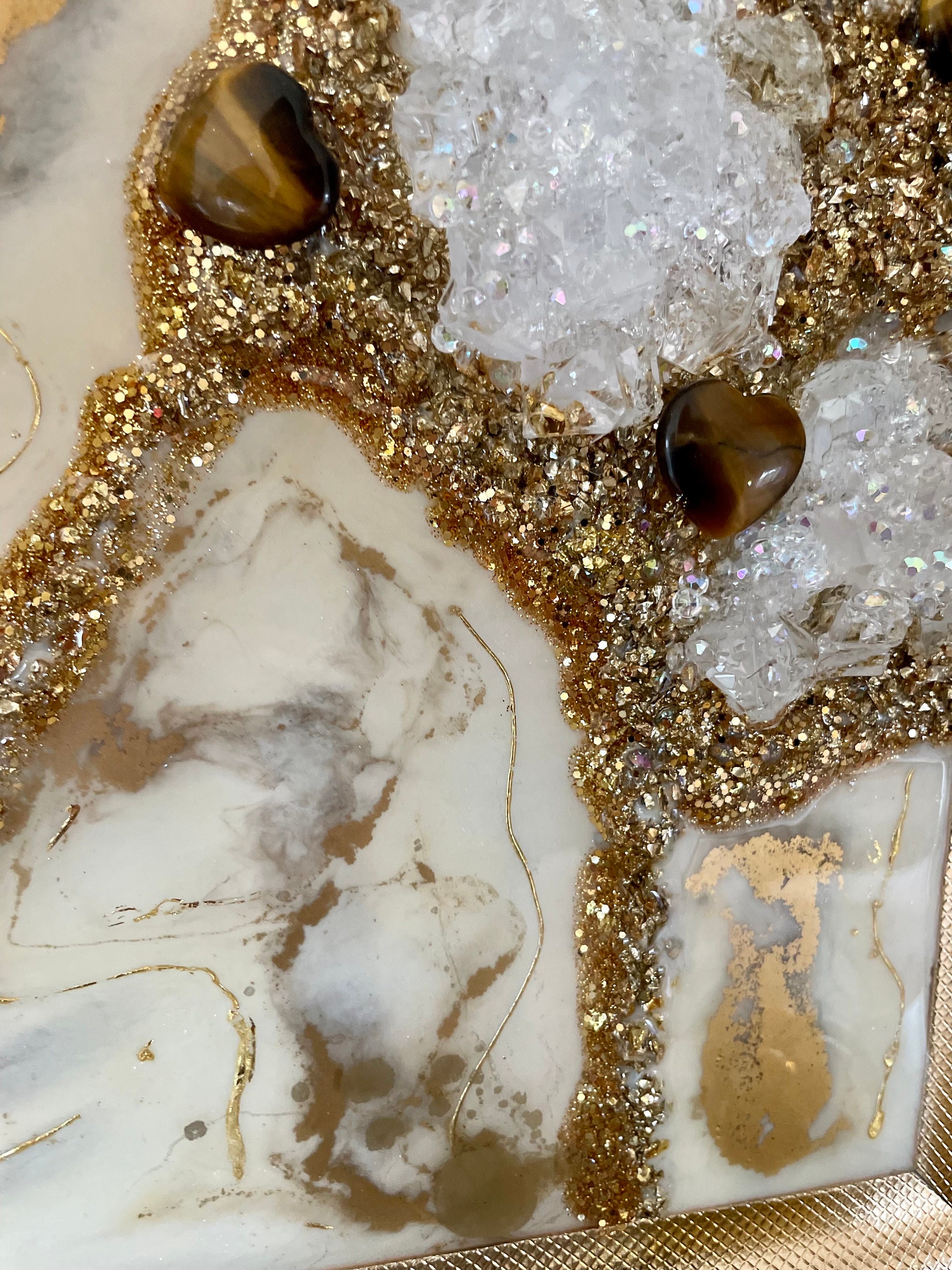 Beige Marble and Gold Real Quartz Crystal Epoxy Resin Artwork, Wall Art ...