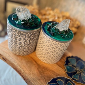 Set of 2 Grey Kitchen Canisters Blue Green Tops With Quartz Crystal ...
