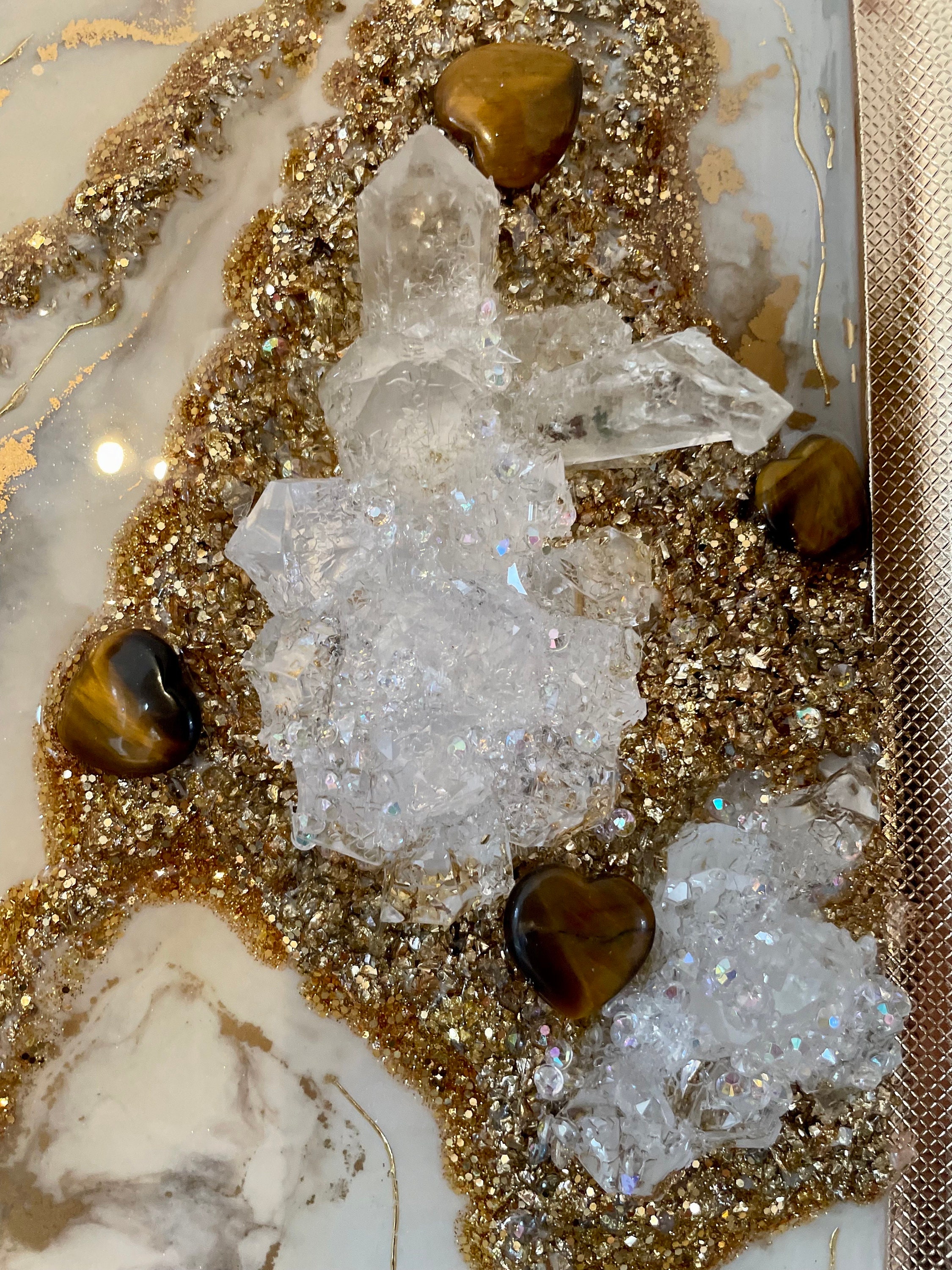 Beige Marble and Gold Real Quartz Crystal Epoxy Resin Artwork, Wall Art ...