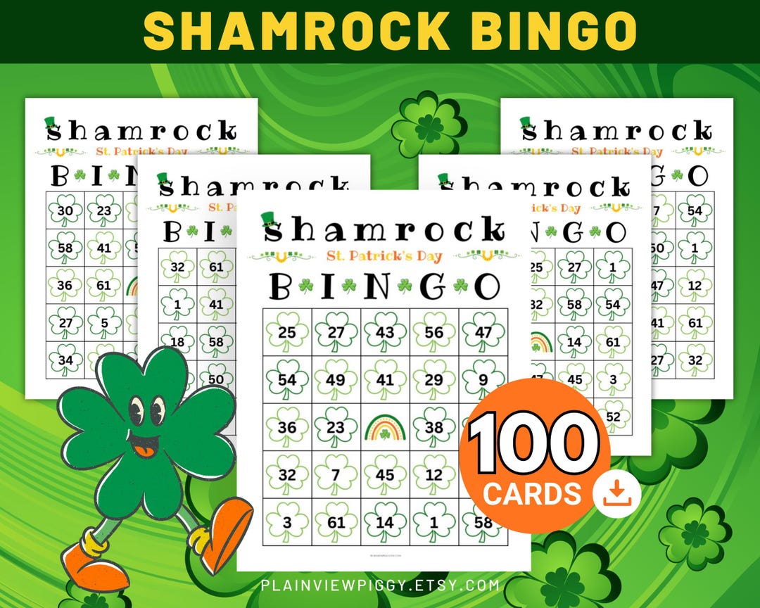 100 St. Patrick's Day Shamrock Bingo Cards, Kids Party Game (digital ...
